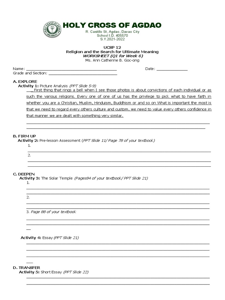 Religion and Meaning Worksheet | PDF | Religious Faiths