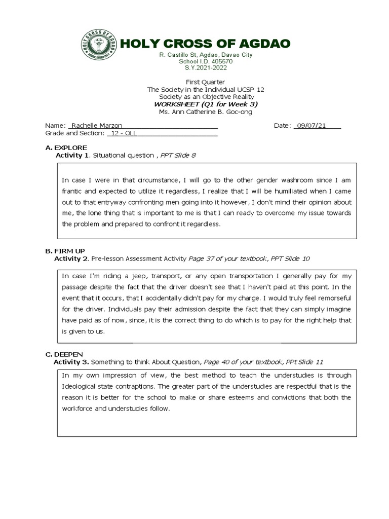 UCSP 12 First Quarter Worksheet | PDF | Psychological Concepts | Cognition