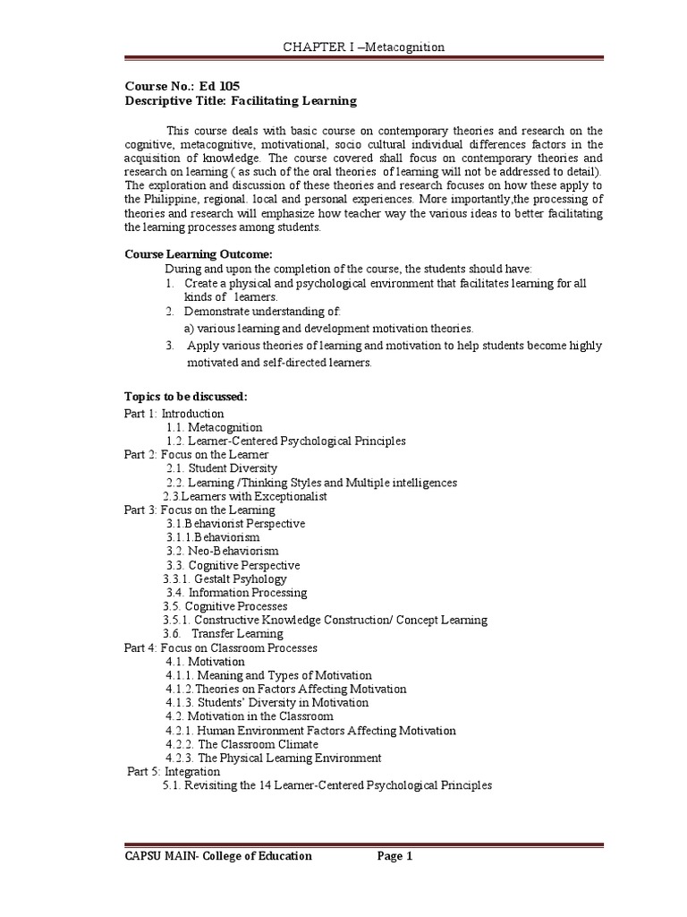 Module 1 - in-Facilitating-Learning-MCD | PDF | Metacognition | Learning