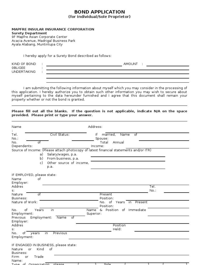 Bond Application Indl Annex a 1 | Surety Bond | Sole Proprietorship