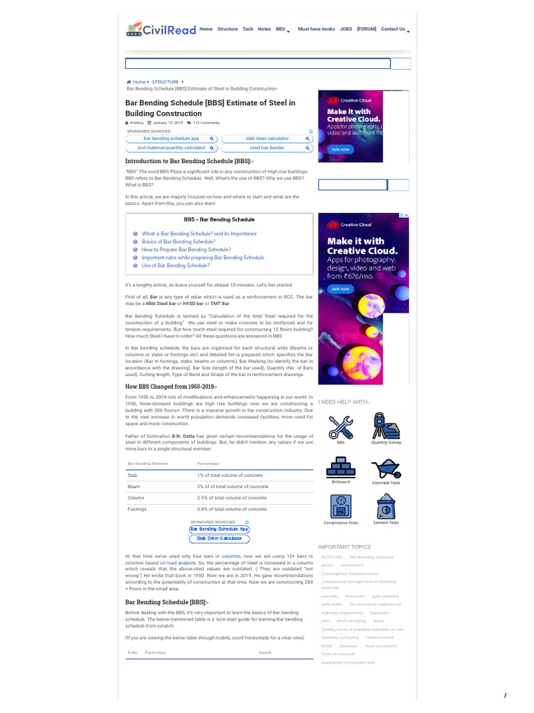 Bar Bending Schedule (BBS) Estimate of Steel in Building Construction ...