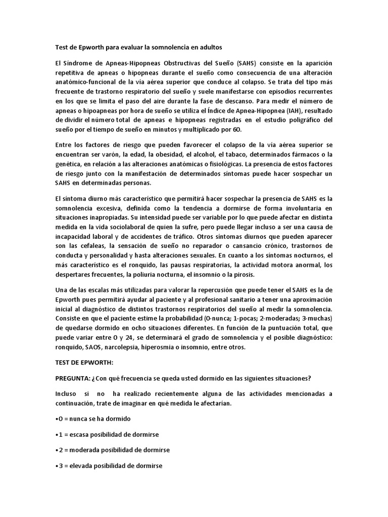Test Epworth | PDF | Apnea del sueño | Trastornos mentales y conductuales