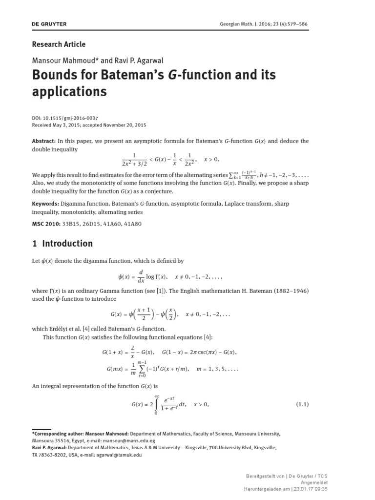 Bounds For Bateman's G-Function and Its Applications: Mansour Mahmoud ...