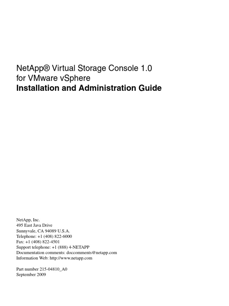 Netapp® Virtual Storage Console 1.0 For Vmware Vsphere: Installation ...