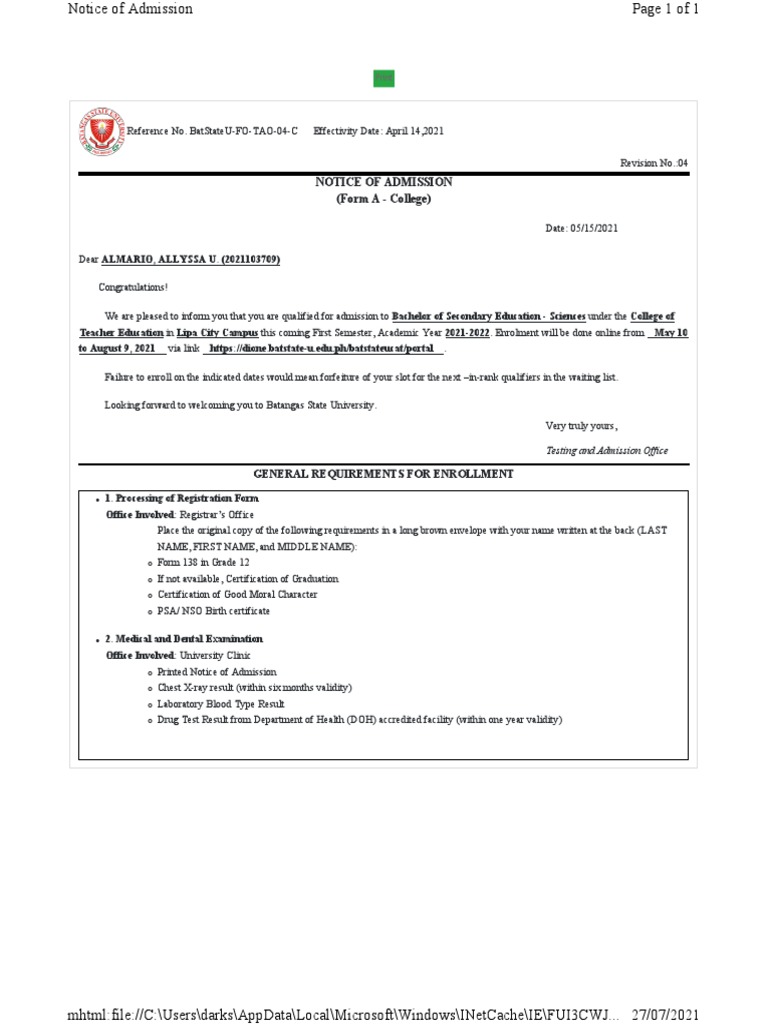 Notice of Admission (Form A - College) : General Requirements For ...