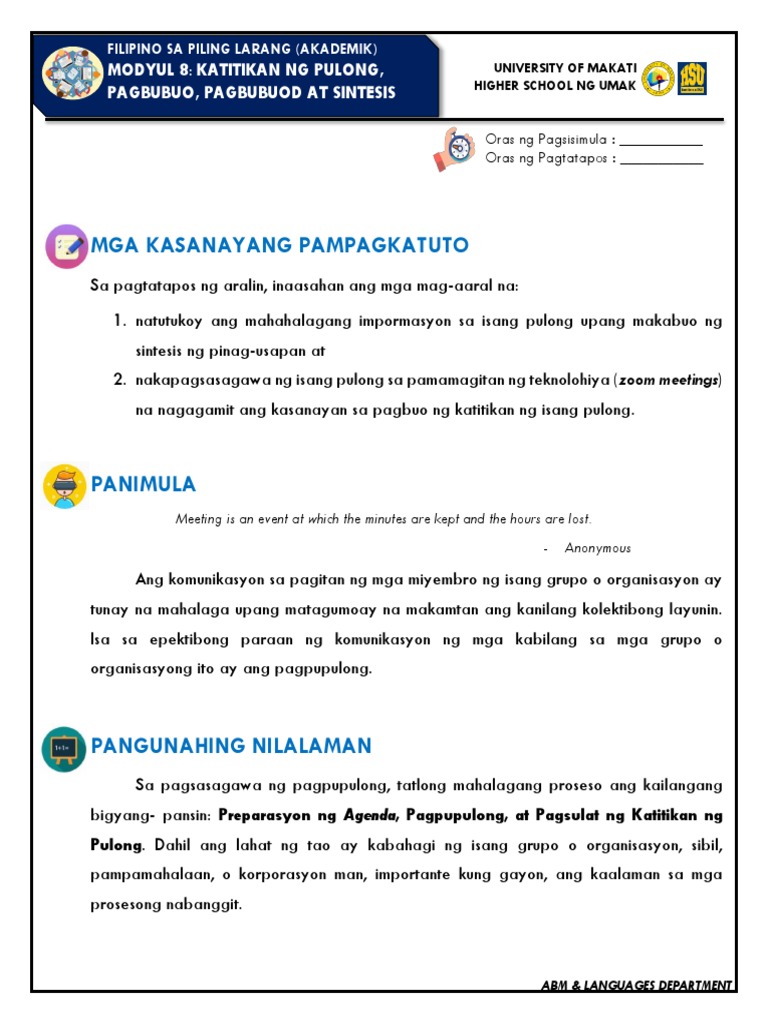 Module 8 Pagbubuod at Katitikan NG Pulong | PDF