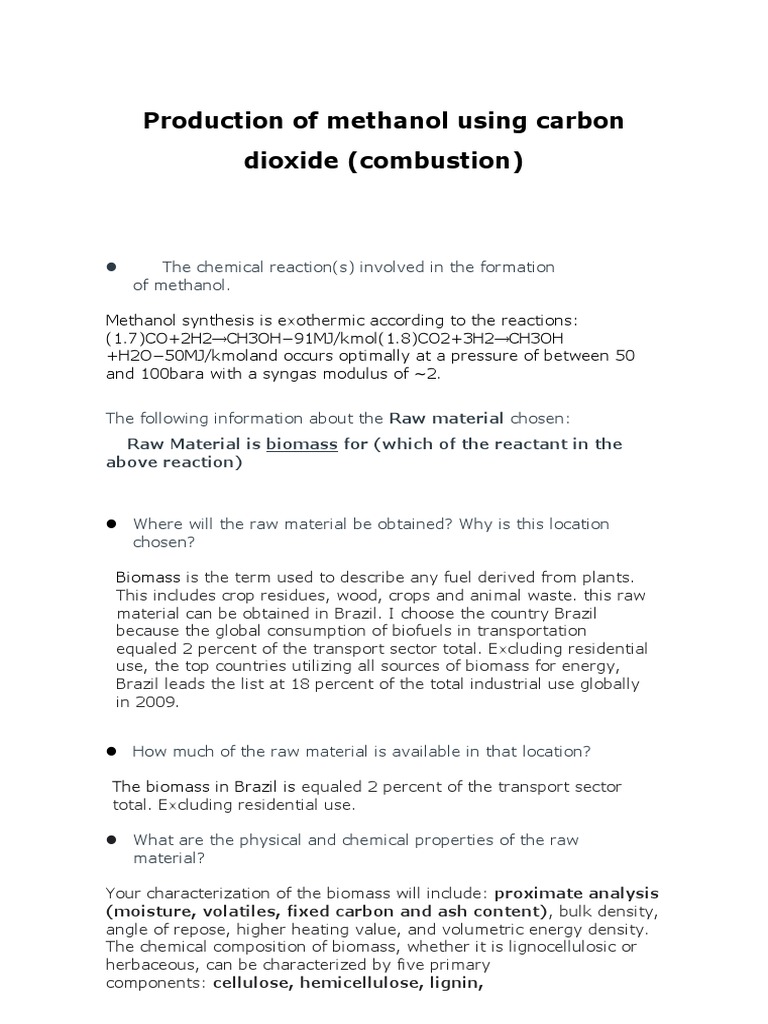 Production of Methanol Using Carbon Dioxide From Biomass 1 | PDF ...