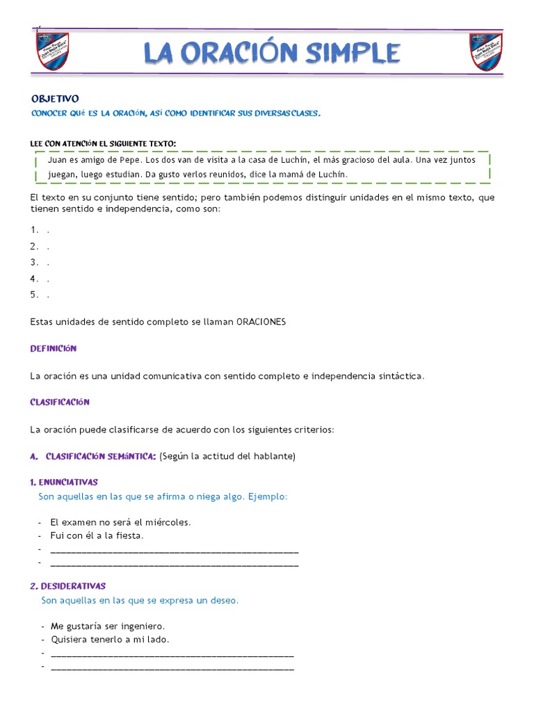 La Oracion Simple | PDF | Predicado (Gramática) | Asunto (gramática)