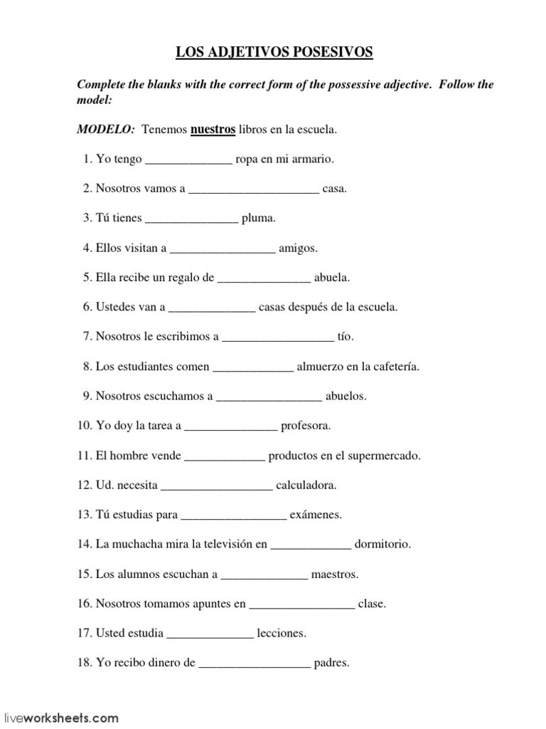 Hojas De Trabajo De Sustantivos Posesivos De Segundo Grado