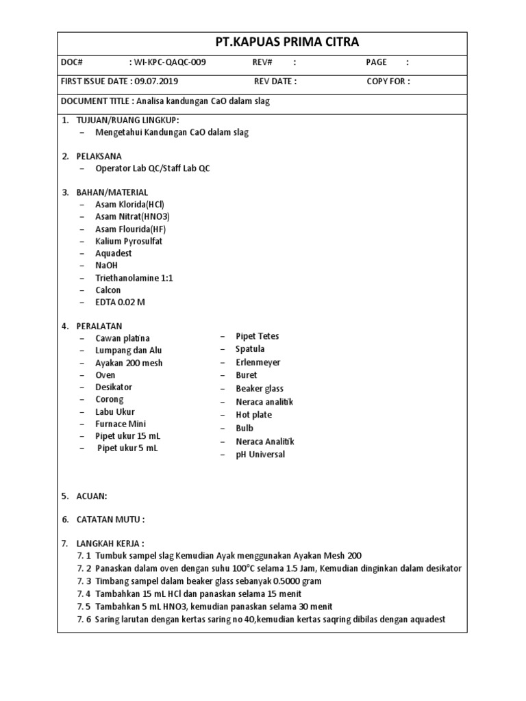 WI Analisa CaO Dalam Slag - Okee | PDF