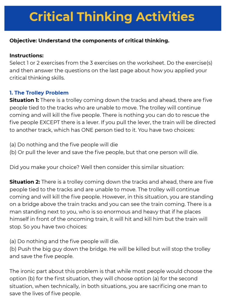 Critical Thinking Activities: Objective: Understand The Components of ...