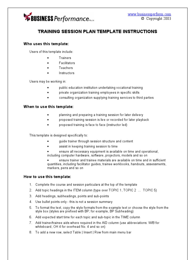 Training Session Plan Template Instructions: Who Uses This Template ...