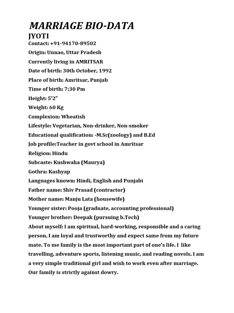 Marrige Bio-Data Jyoti | PDF