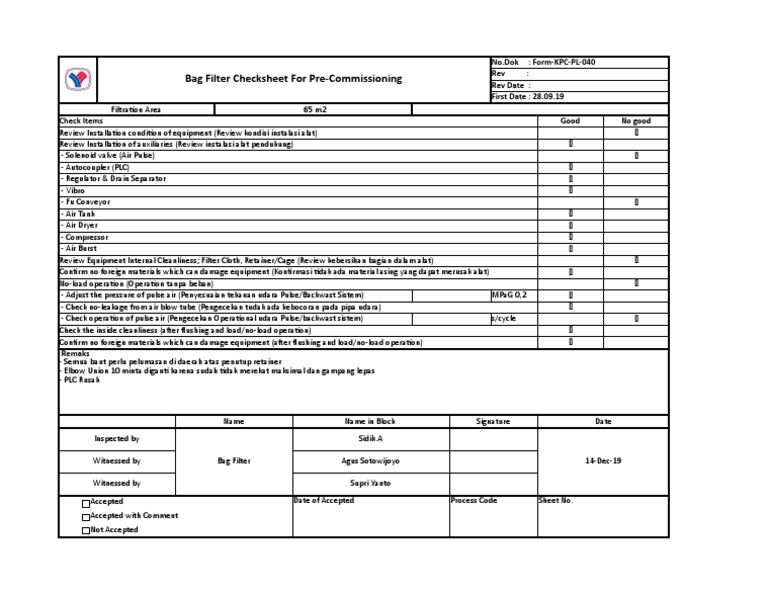 Form-KPC-PL-040.Checksheet Bag Filter of Precommissioning | PDF | Liquids | Tools
