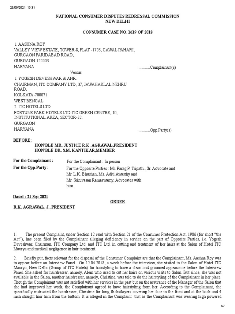 Aashna Roy V ITC Hotels | PDF | Damages | Hairdresser