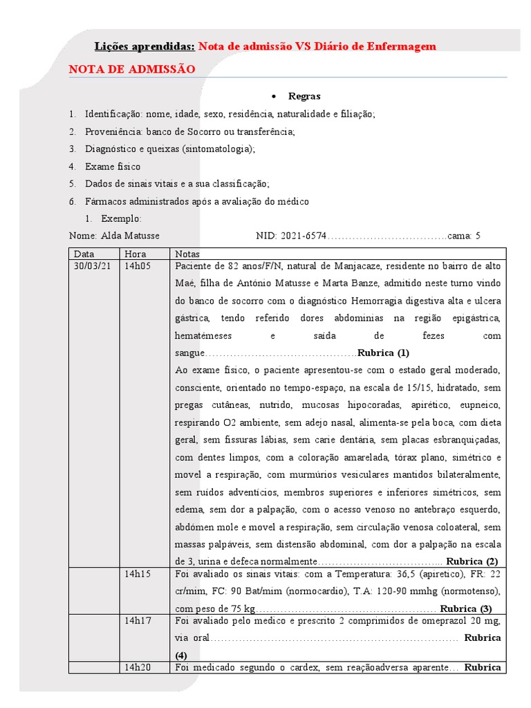 Nota de Entrada e Diario de Enfermagem | PDF | Medicina Clínica ...