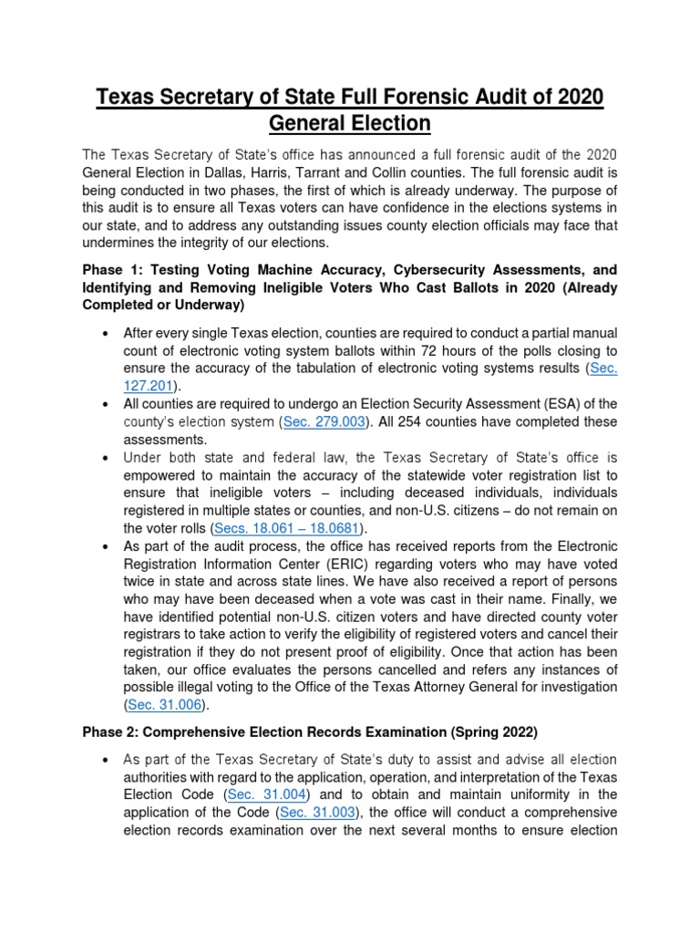 Texas SOS 2020 Forensic Audit Summary | PDF | Electronic Voting | Voting