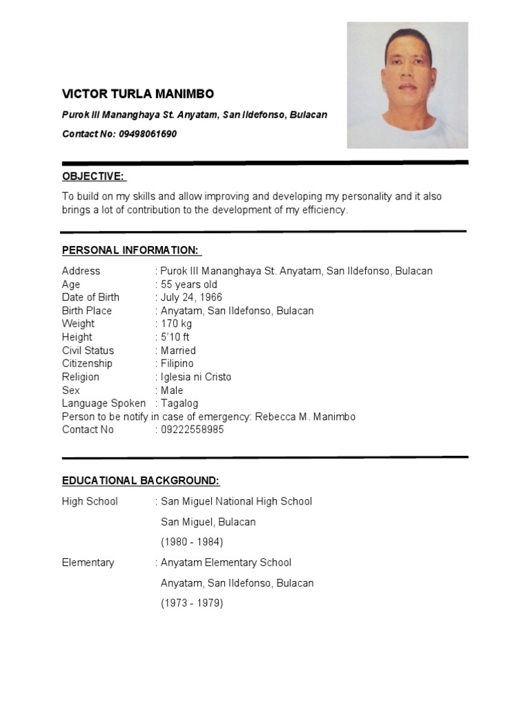 Victor Turla Manimbo: Objective | PDF