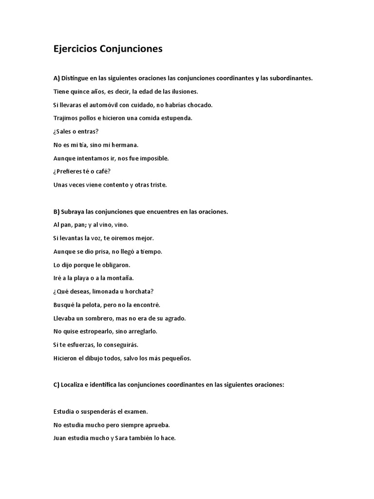 Hoja De Trabajo Sobre Conjunciones Coordinantes Y Subordinantes Las