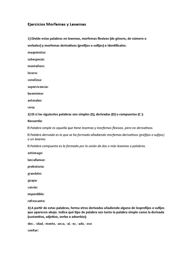 Ejercicios Morfemas y Lexemas | PDF