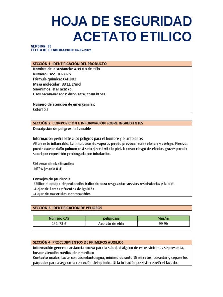 Hoja de Seguridad Acetato Etilico | PDF | Agua | Toxicidad