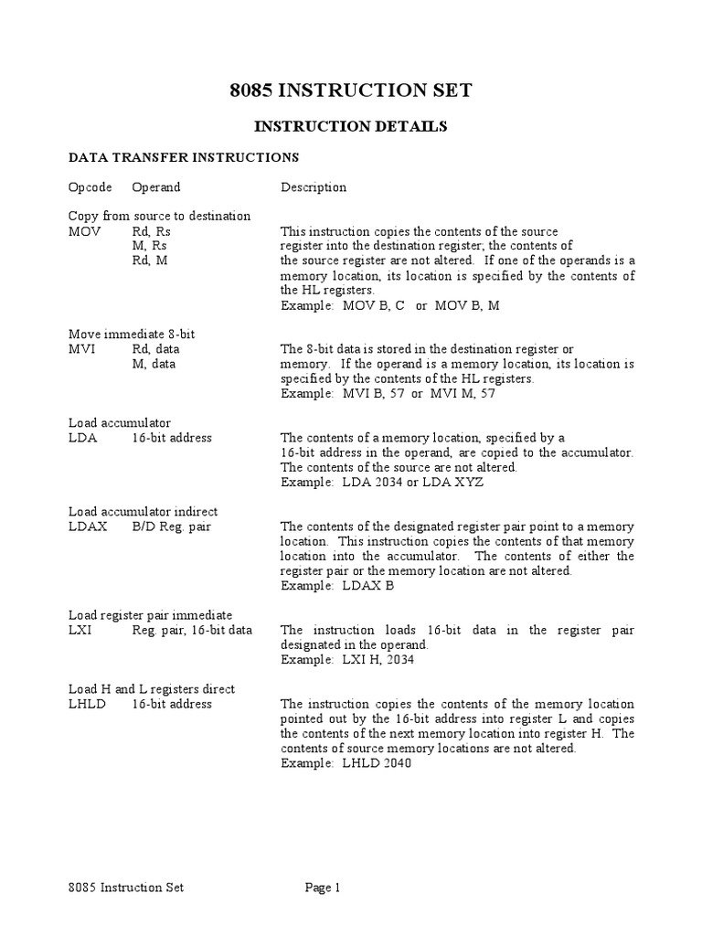8085 Instruction Set Details | PDF | Computer Data | Computer Memory