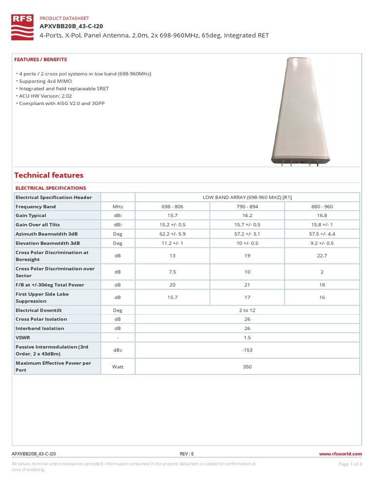 Technical Features: 4-Ports, X-Pol, Panel Antenna, 2.0M, 2X 698-960Mhz ...