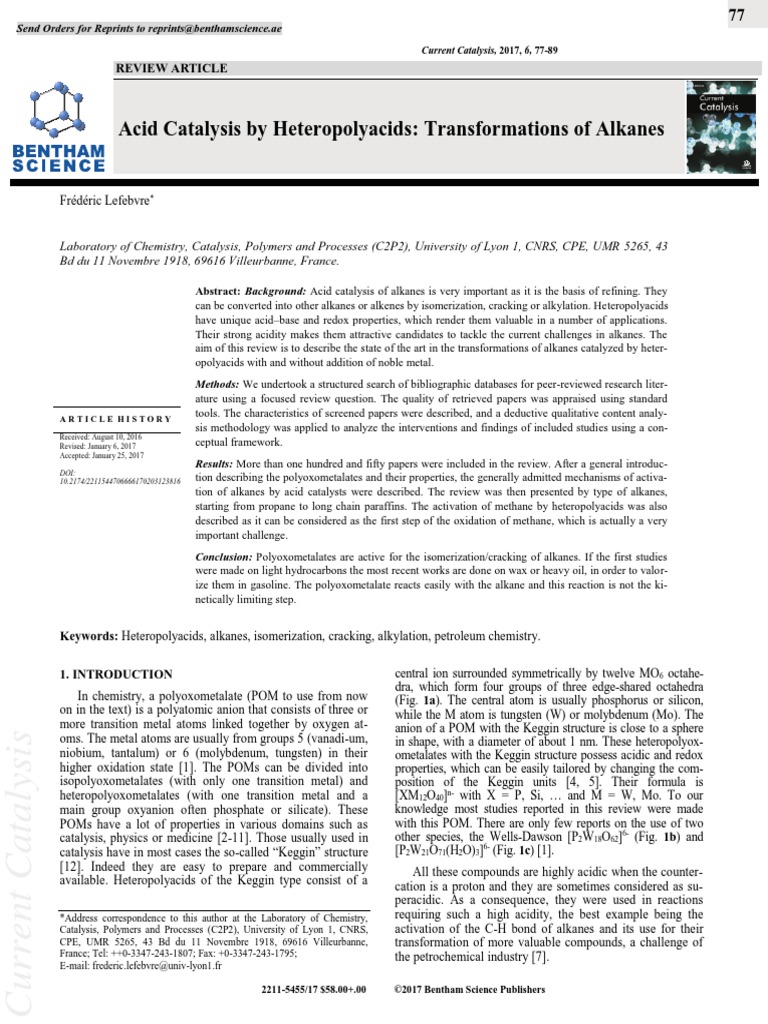 Acid Catalysis by Heteropolyacids: Transformations of Alkanes | PDF ...