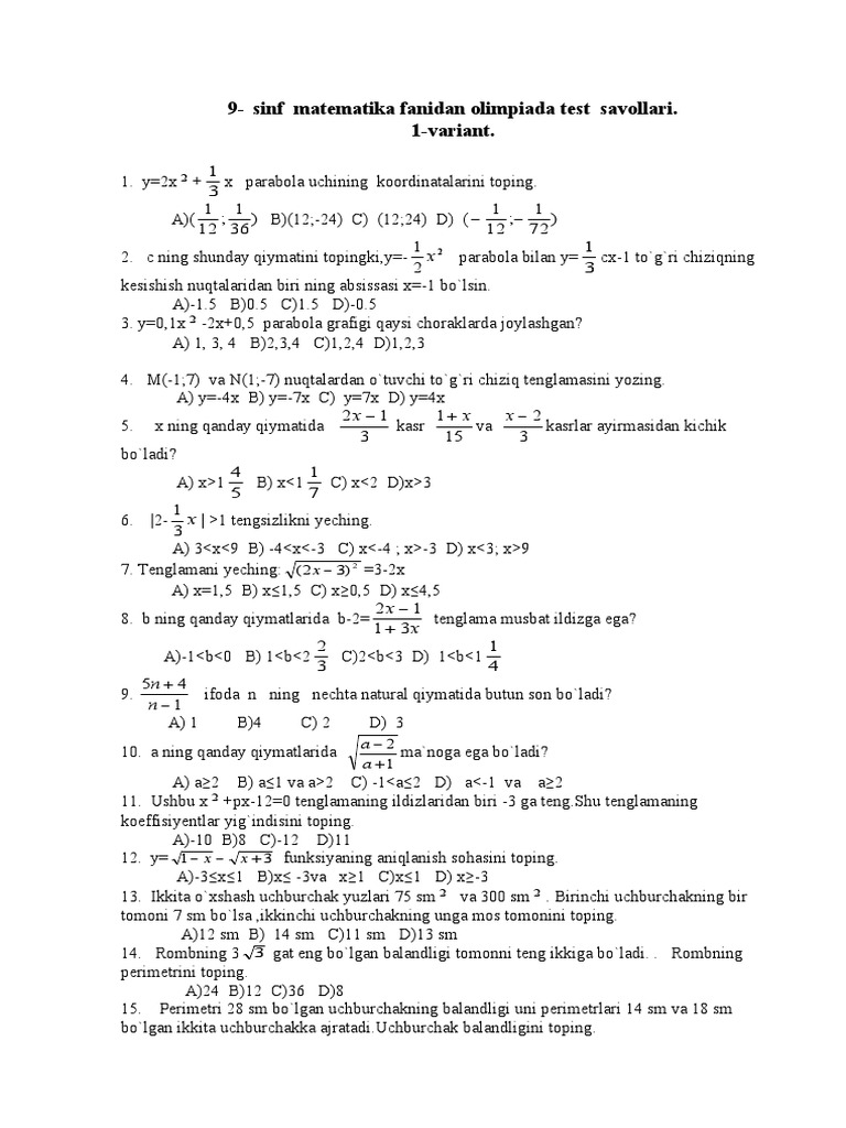 9 Sinf Matem Test Olimpiada 25 | PDF