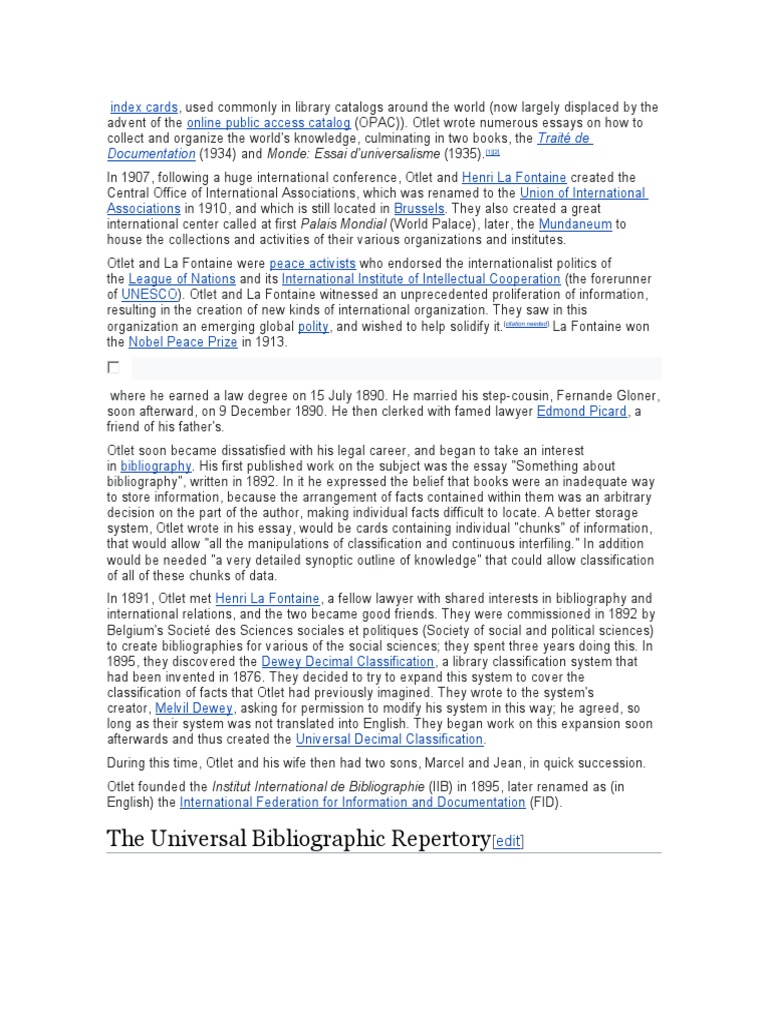 The Universal Bibliographic Repertory: Traité de Documentation | PDF ...