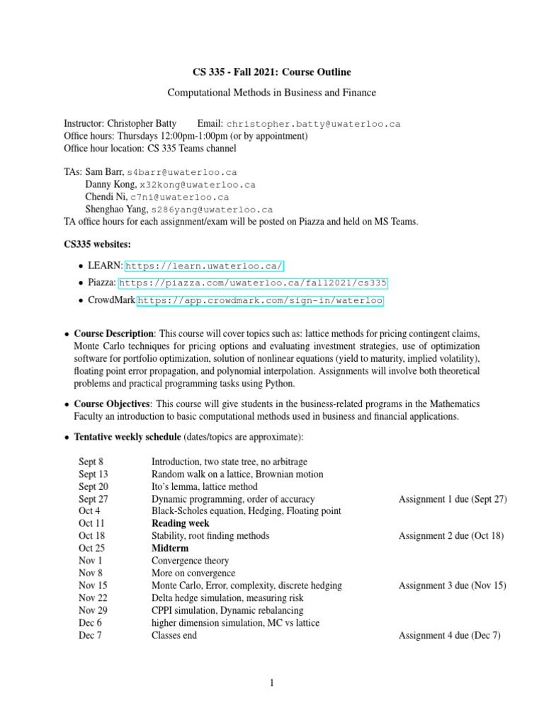 CS 335 - Fall 2021: Course Outline Computational Methods in Business ...