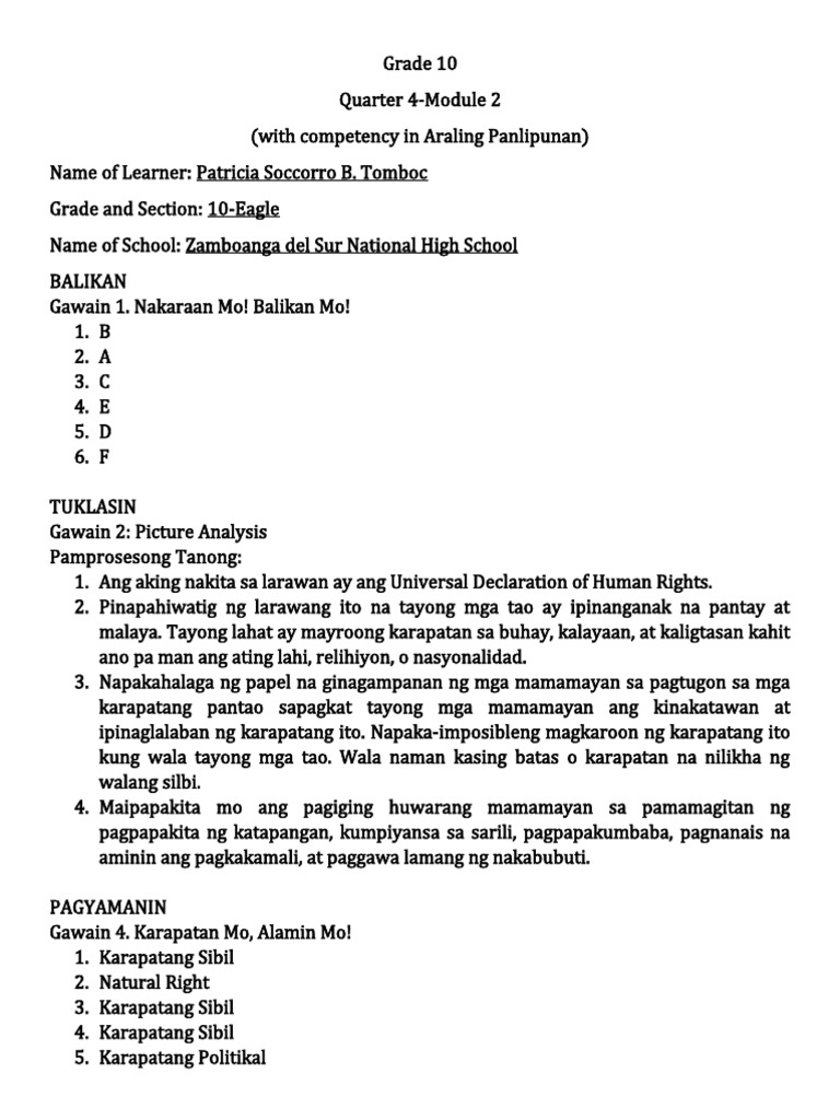 Araling Panlipunan Quarter 4-Module 2 Answer Sheet | PDF