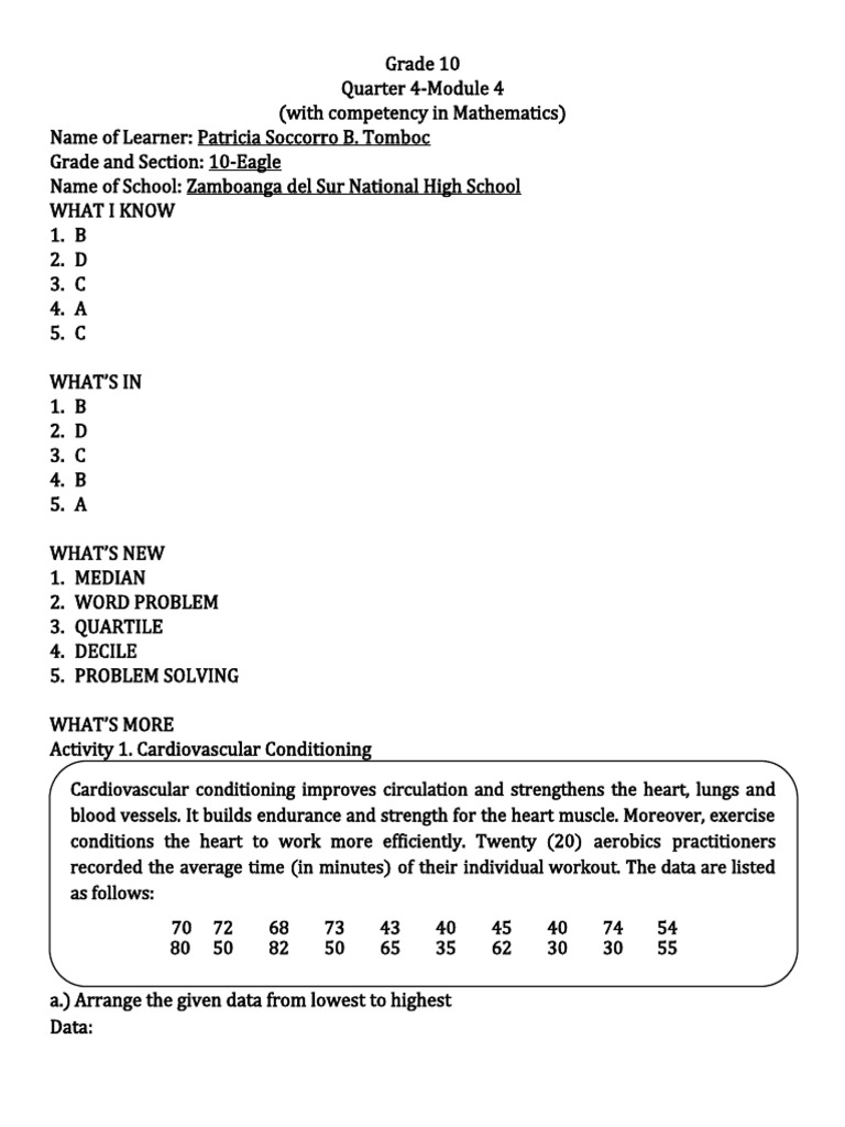 Mathematics Quarter 4-Module 4 Answer Sheet | PDF | Circulatory System ...