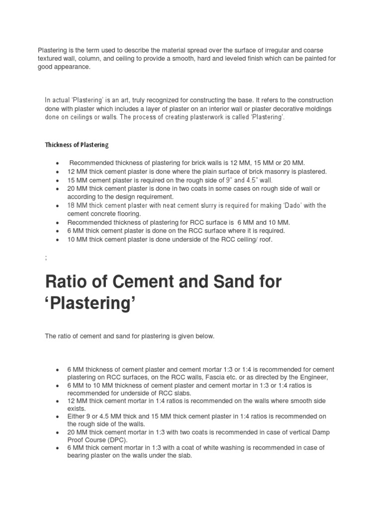 Ratio of Cement and Sand For Plastering' | PDF | Plaster | Mortar (Masonry)