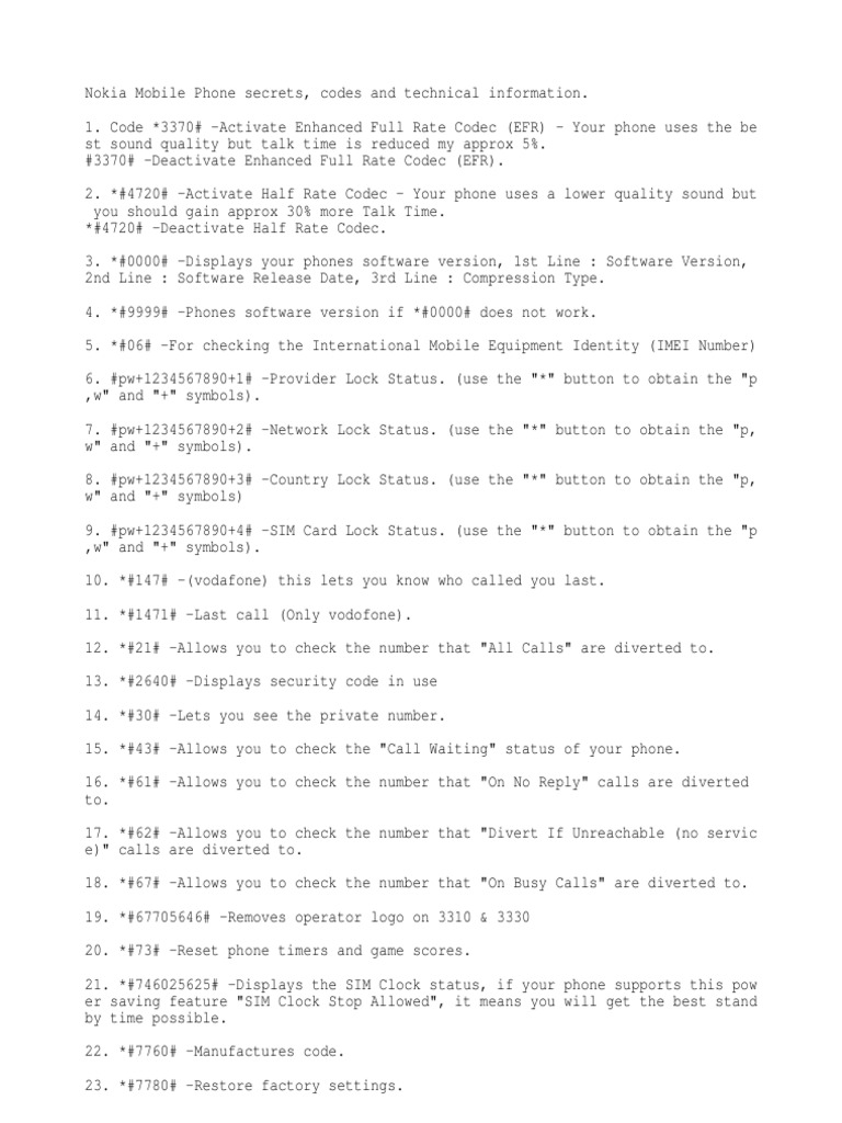 Nokia Codes | PDF | Videotelephony | Telecommunications