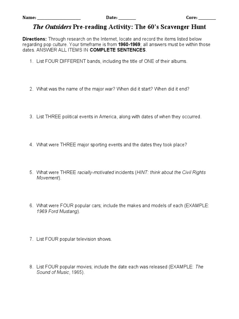 The Outsiders 1960s Scavenger Hunt | PDF | History