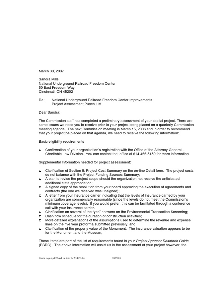 I:\nurfc request pdfs\Punch list letter for NURFC.doc 3/15/2011