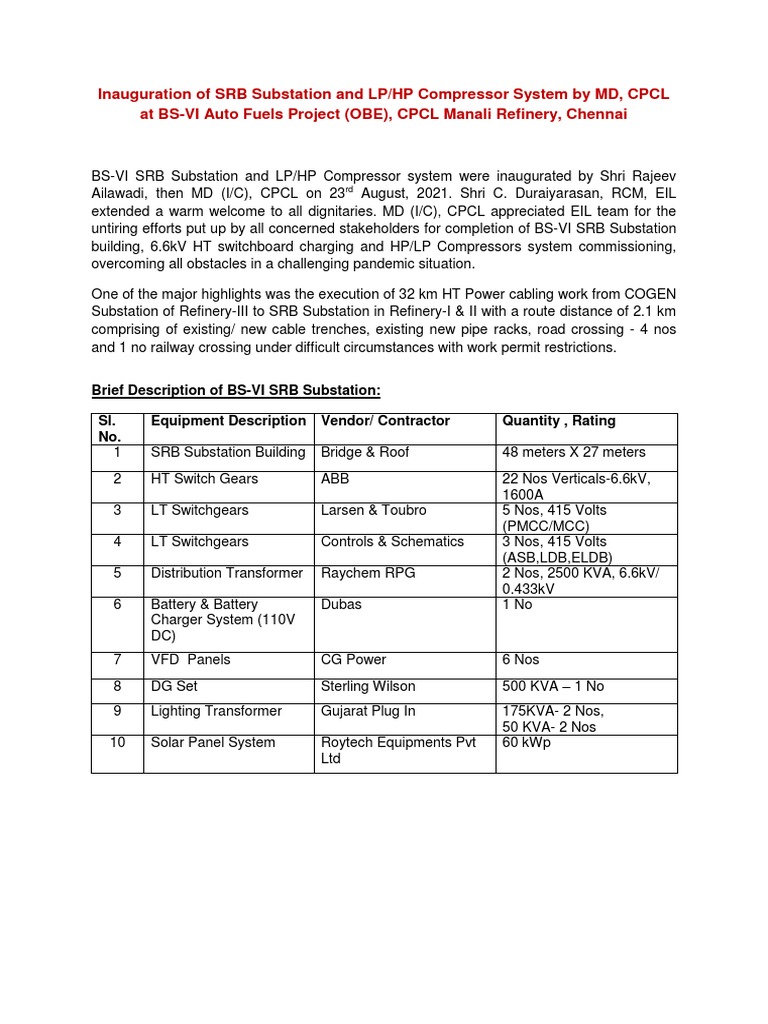 Inauguration of SRB Substation and LP/HP Compressor System by MD, CPCL ...