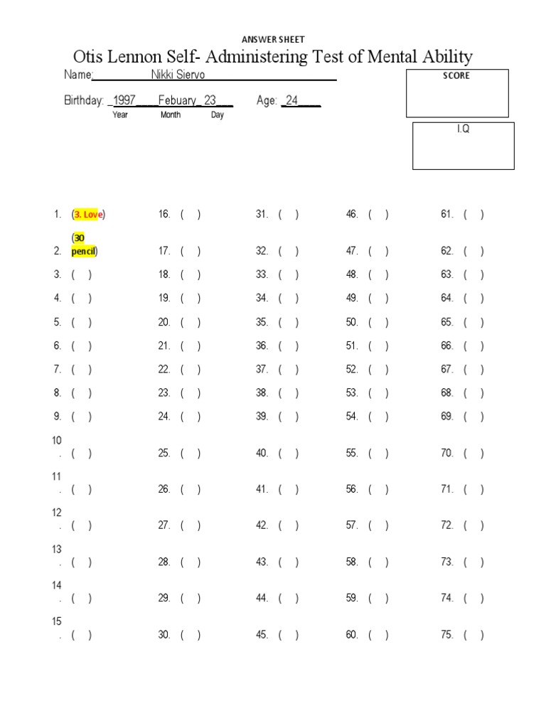 Otis Lennon Mental Ability Test Sheet | PDF
