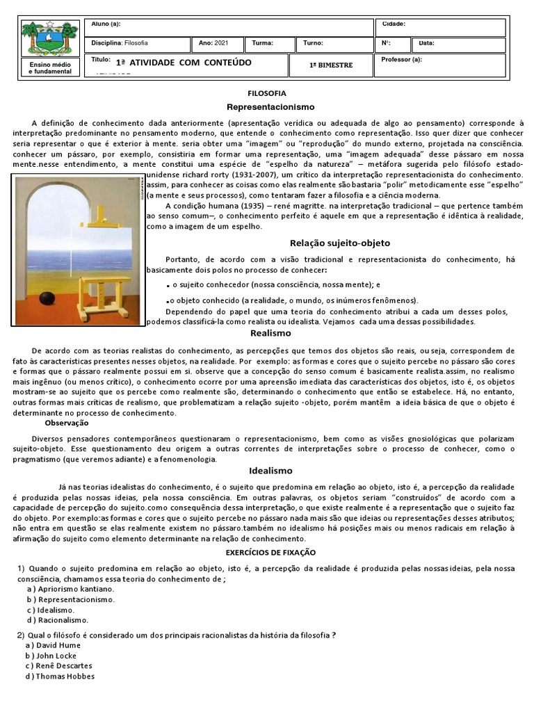 Atividade Filosofia 3 Série e Eja | PDF | Conhecimento | Idealismo