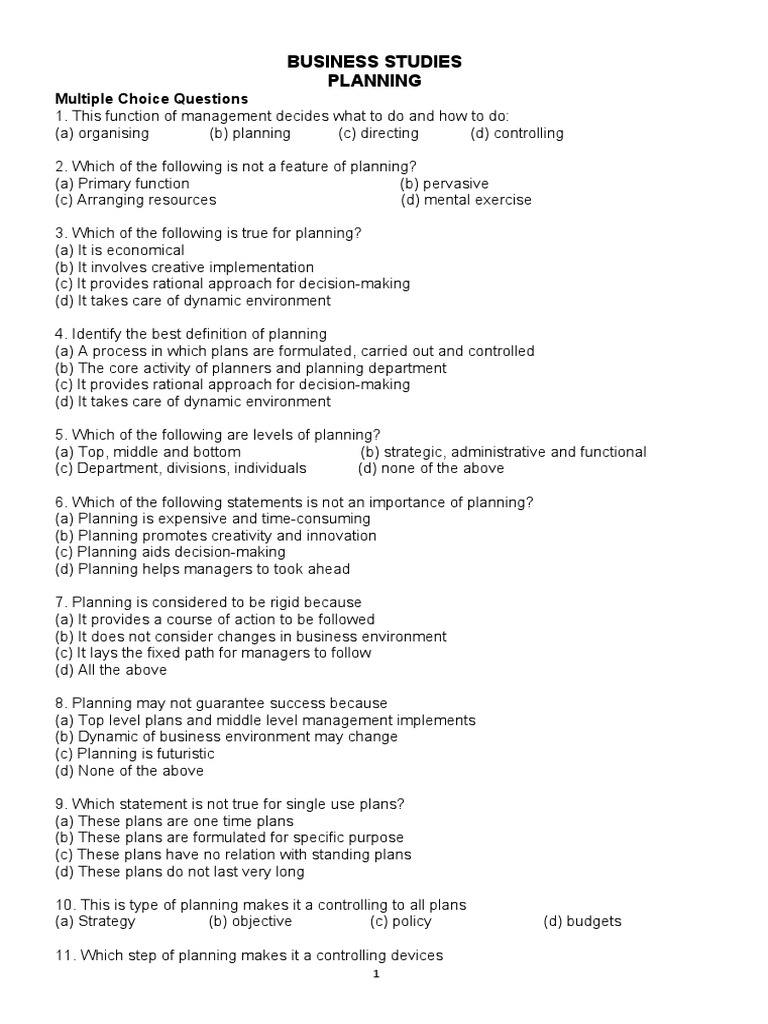 Business Studies Planning: Multiple Choice Questions | PDF | Sales ...