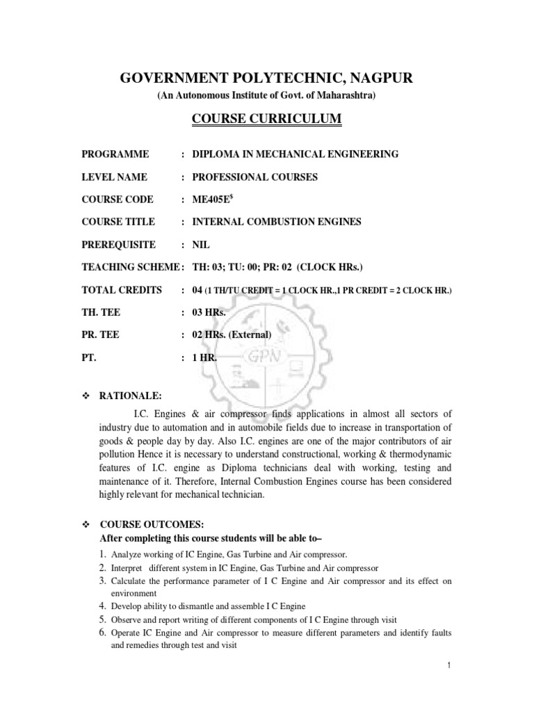 Government Polytechnic, Nagpur: Course Curriculum | PDF | Internal ...