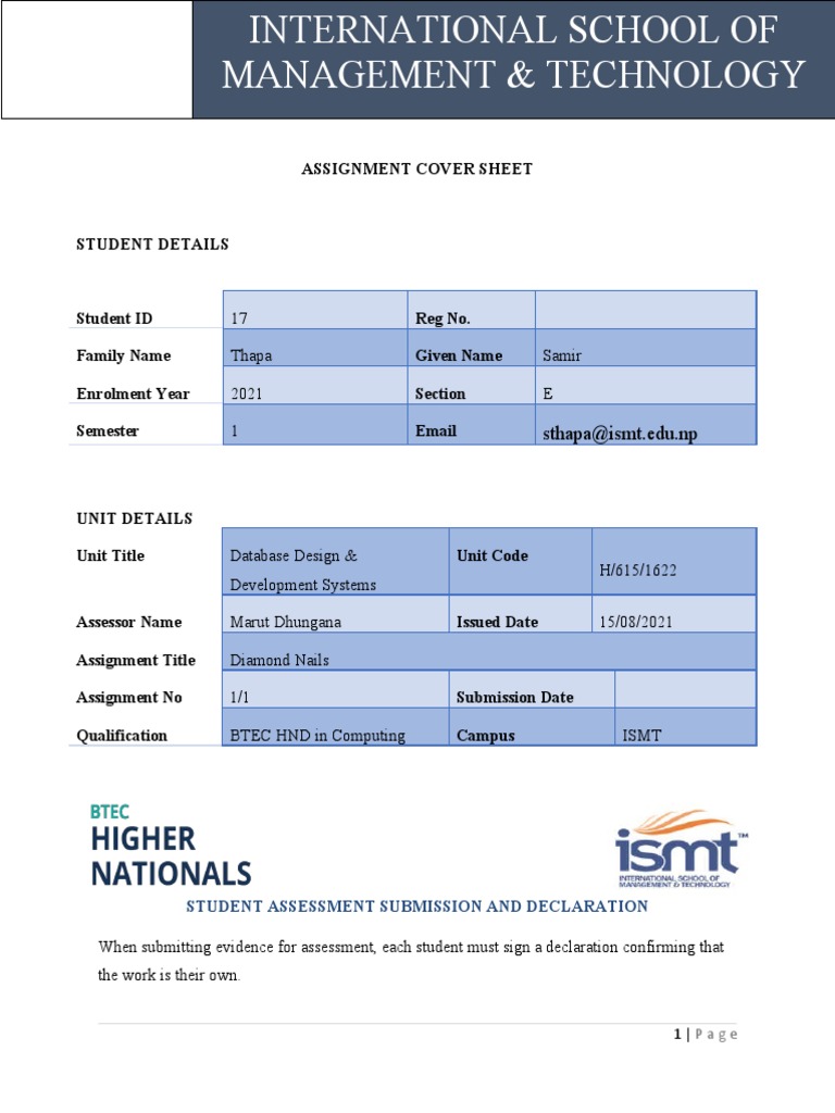 Assignment Cover Sheet: Sthapa@ismt - Edu.np | Download Free PDF ...