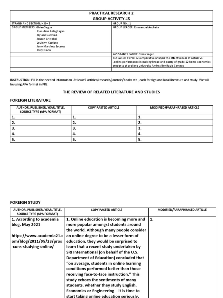 Practical Research 2 Group Activity #5: Be Using APA Format in PR2 | PDF | Educational ...