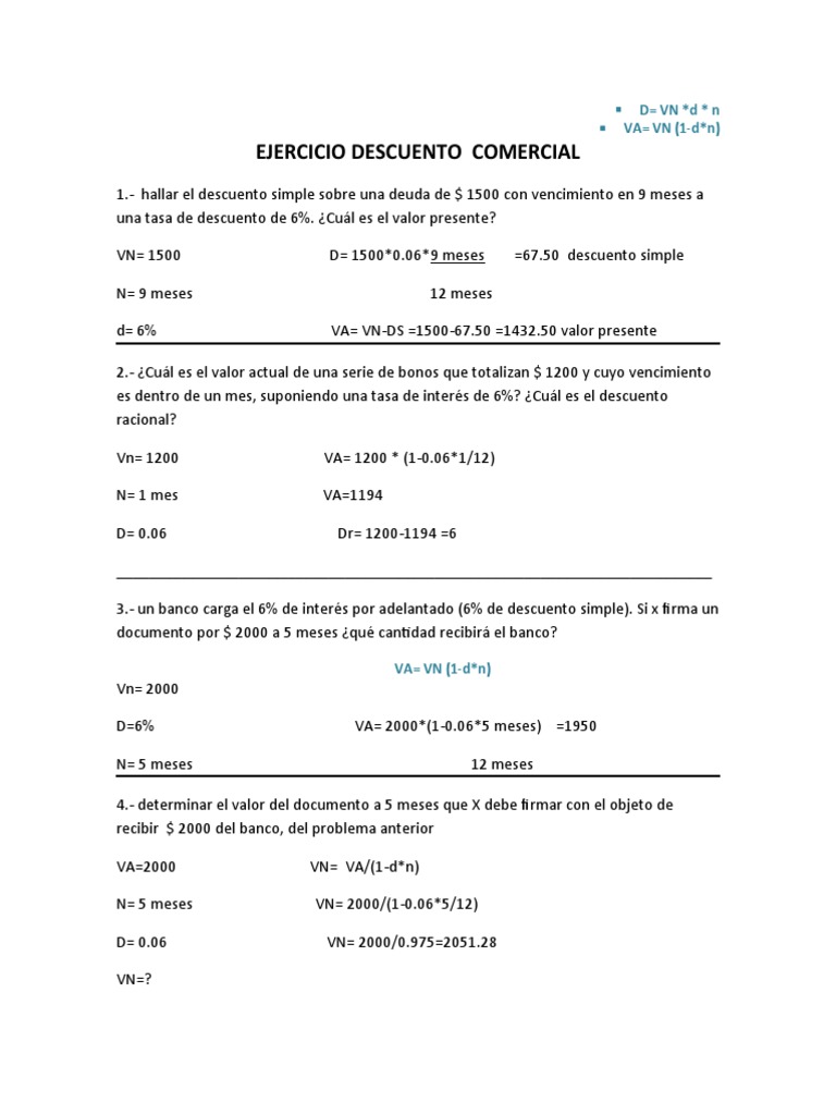 Ejercicio Descuento Comercial | PDF | Deuda | Dinero