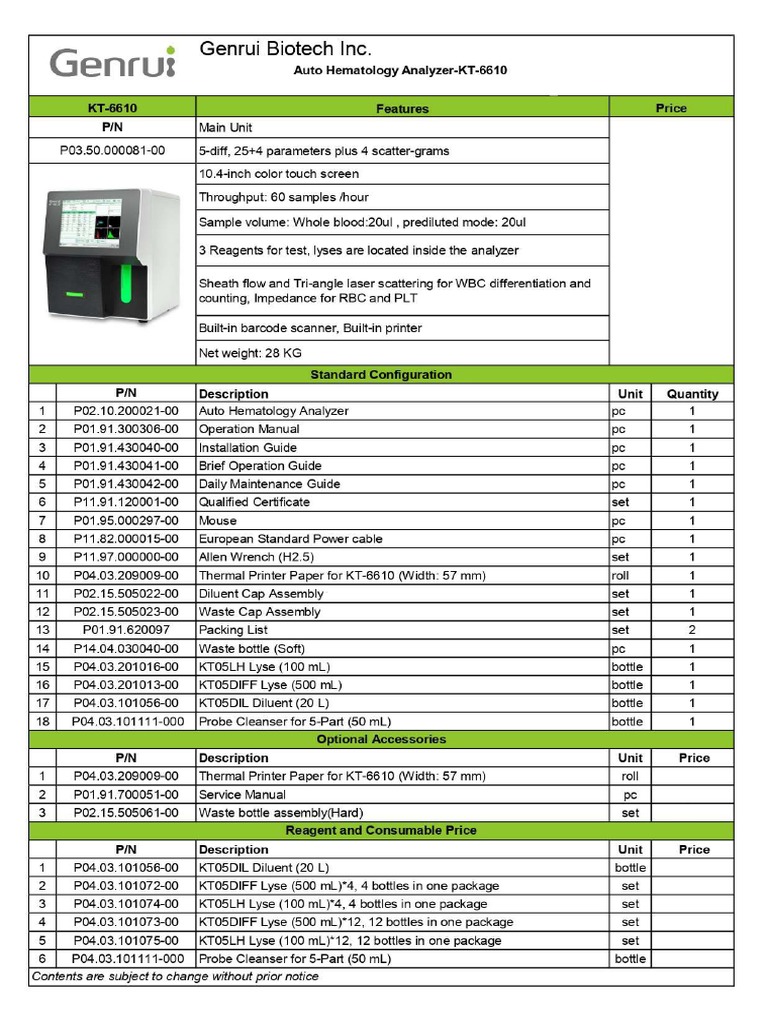Auto Hematology Analyzer KT-6610 | PDF