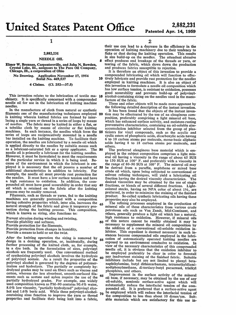 United States Patent Office: Patented Apr. 14, 1959 | PDF | Yarn | Knitting
