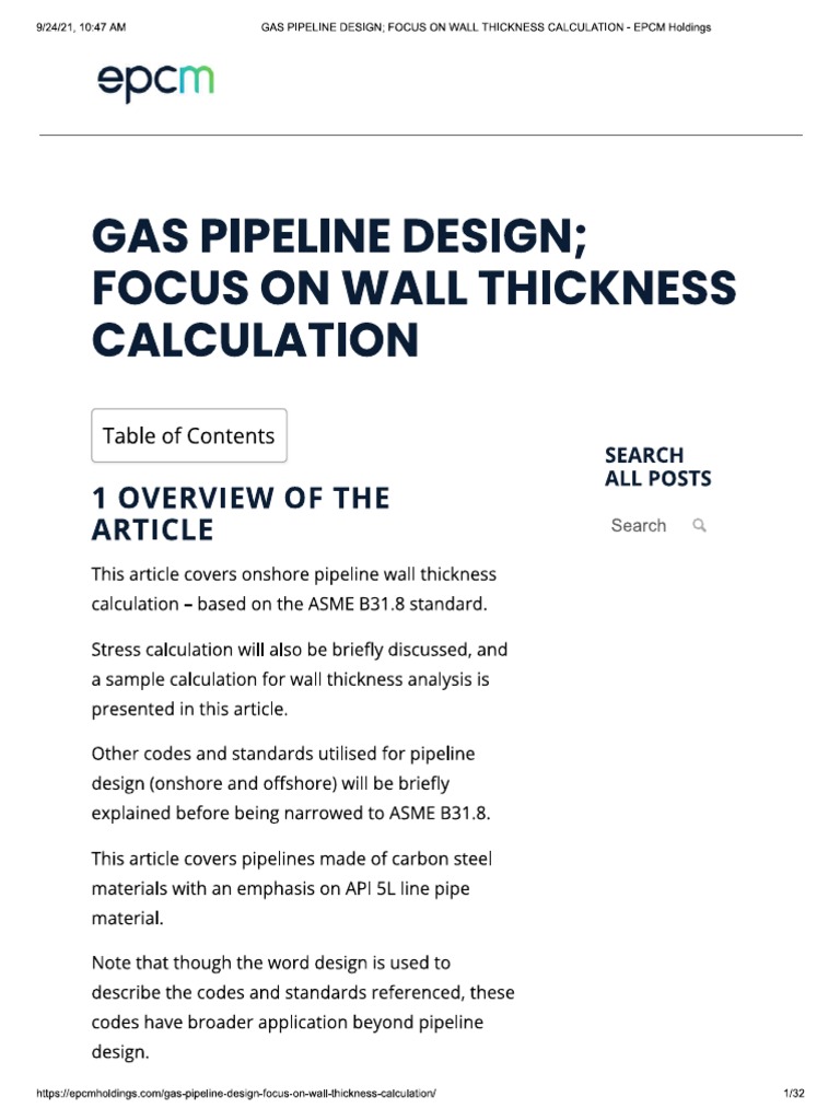 GAS PIPELINE DESIGN FOCUS ON WALL THICKNESS CALCULATION - EPCM Holdings | PDF