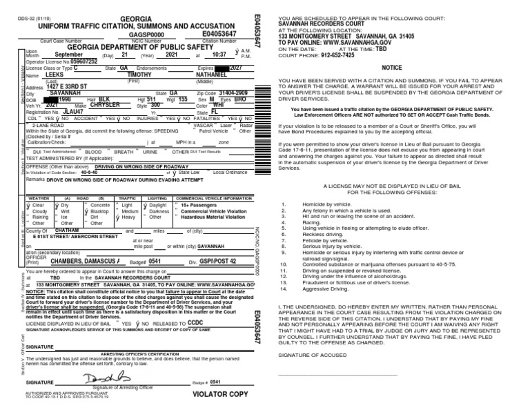 Uniform Traffic Citation E04053647 VIOLATOR - Redacted | PDF | Summons ...