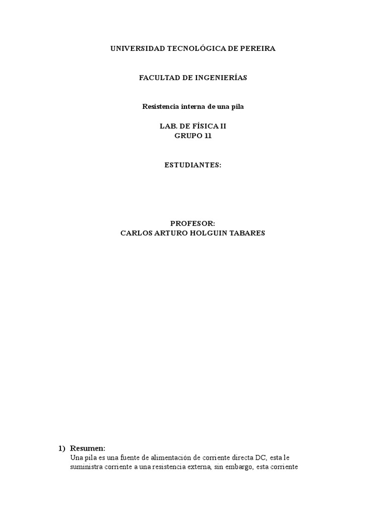 RESISTENCIA INTERNA DE UNA PILA Respuestas y Tablas | PDF | Corriente ...